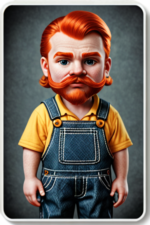 A strong dwarf in overalls, red hair and a mustache