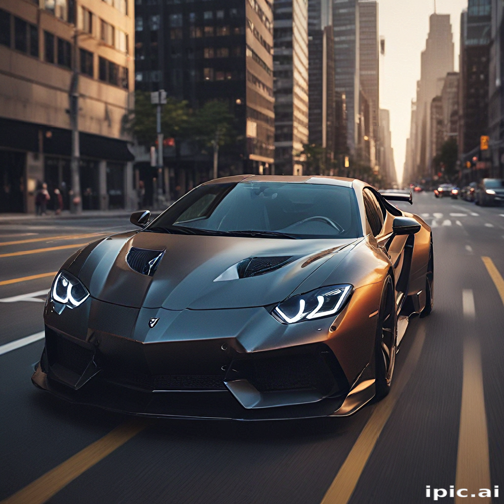 Sleek Black Sports Car Racing Through a Vibrant City Street at Dusk.