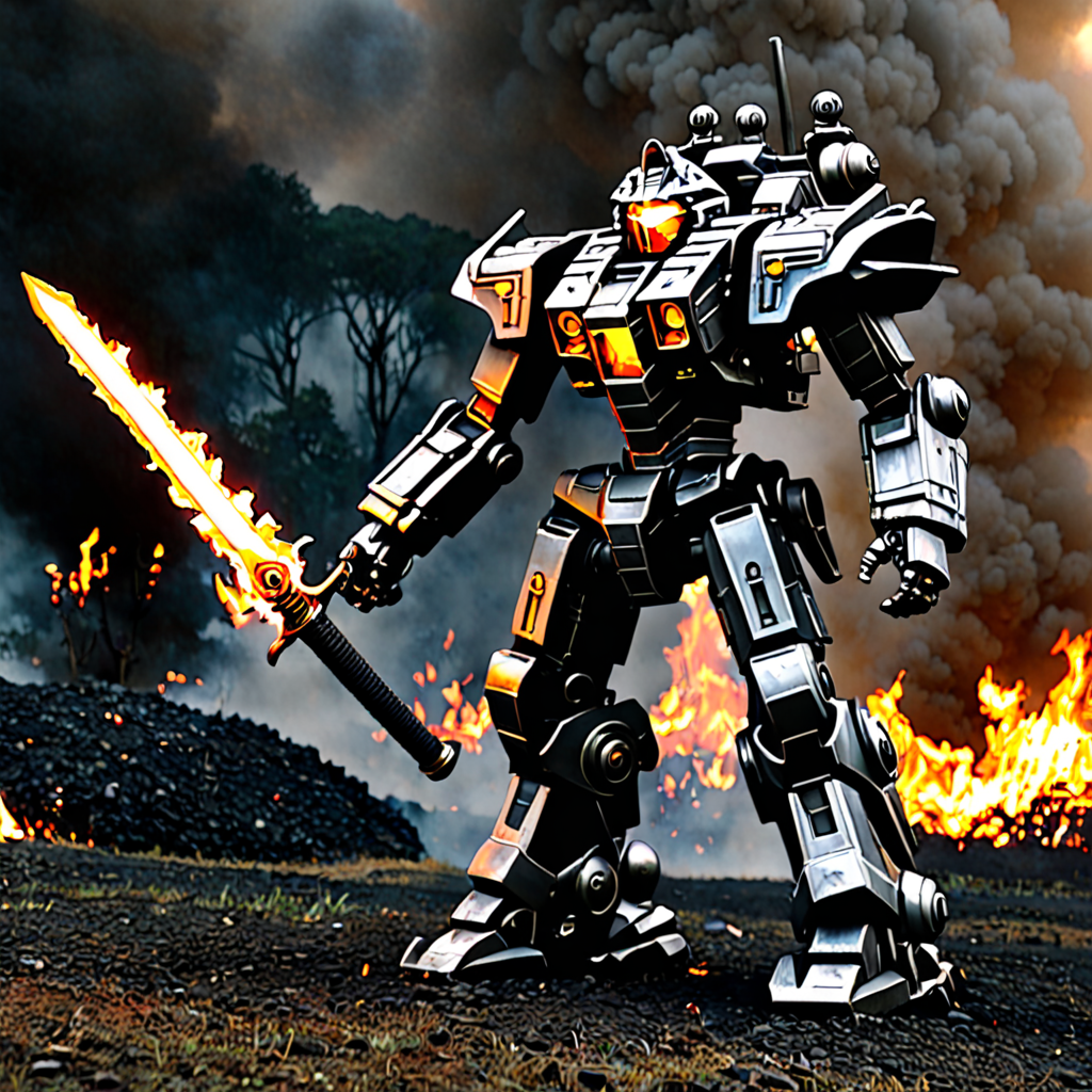 fire mech with a fire sword standing a dark ground