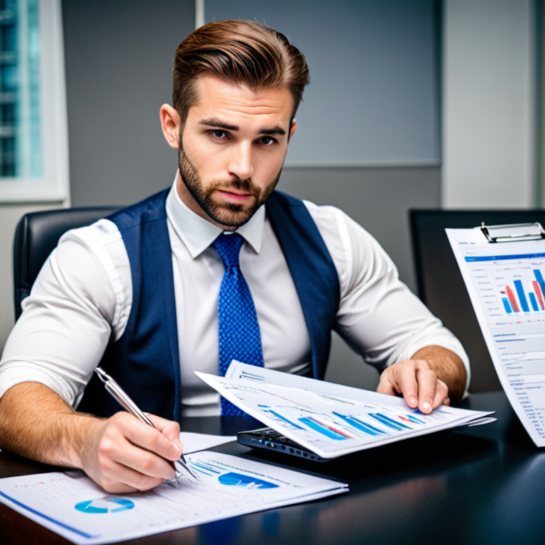 muscular and attractive accountant looking at spreadsheets