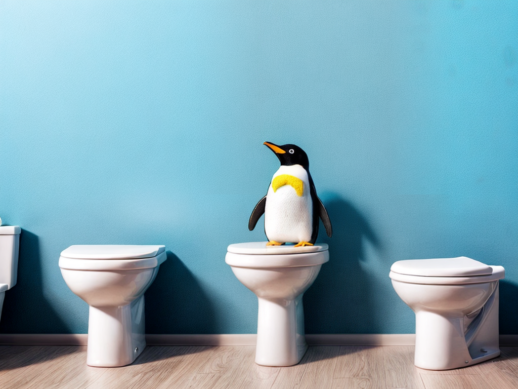 Create a penguin sitting on a toilet looking down in a completely light ...