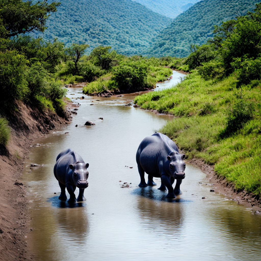 baby hippopotamus walking on mountain path - seen from rear