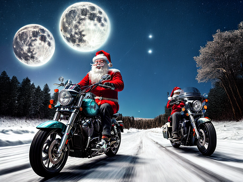 santa claus riding harley davidson on snowy roads and dark sky with ...
