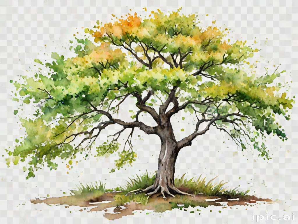 Beautiful Watercolor Illustration of a Majestic Tree Surrounded by Lush ...