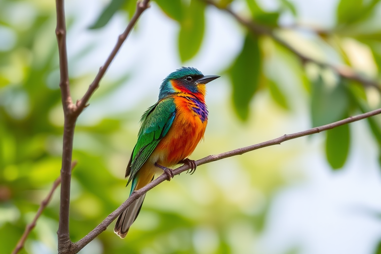 Vibrant Colorful Bird Perched Gracefully on a Branch Surrounded by Leaves.