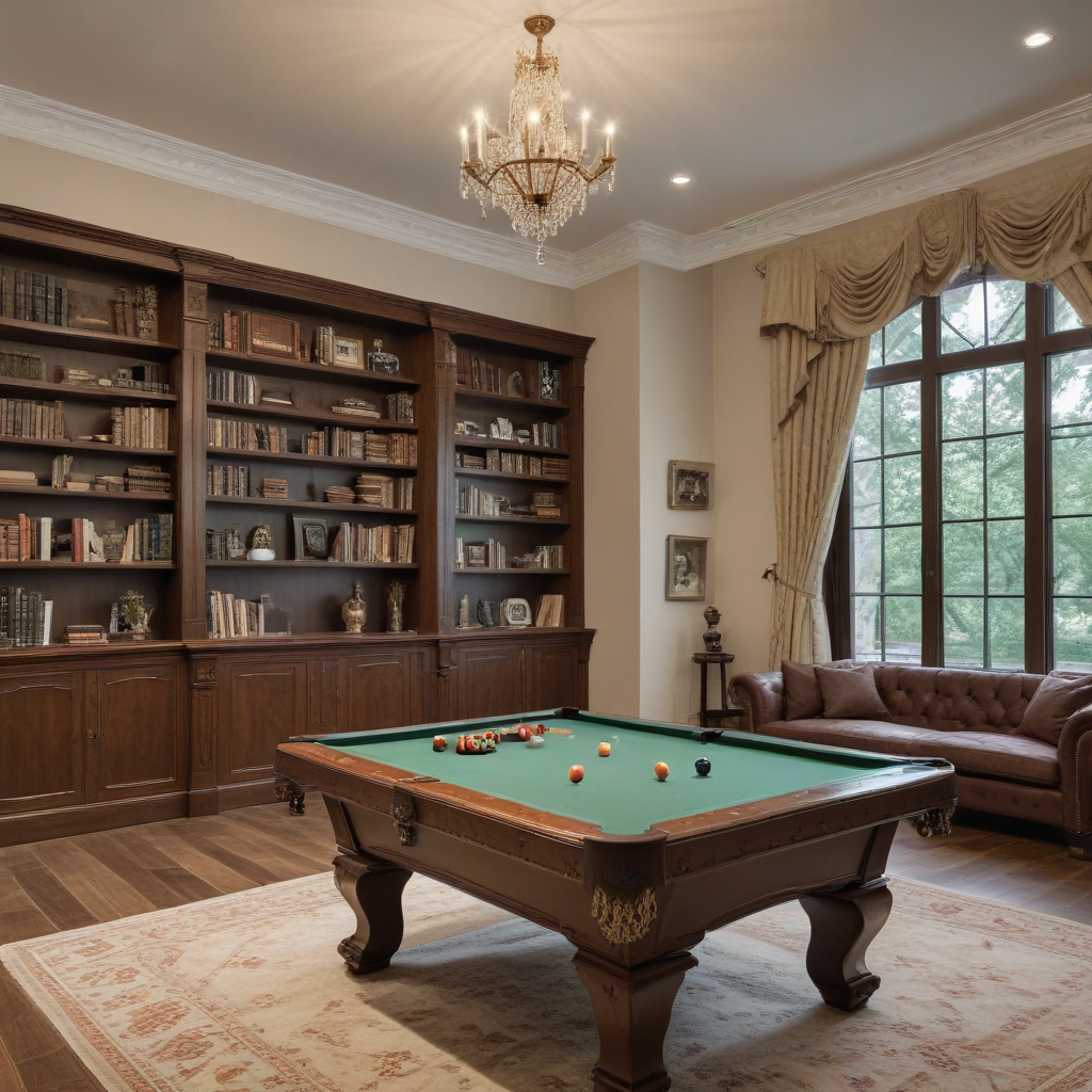 a elegance and luxury image of a game room and library in manor castle