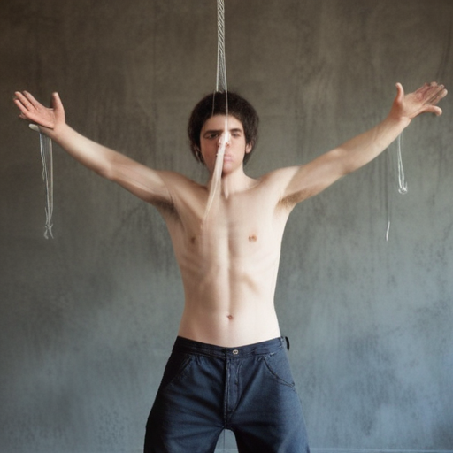 A human being is holding a hanging body in their arms