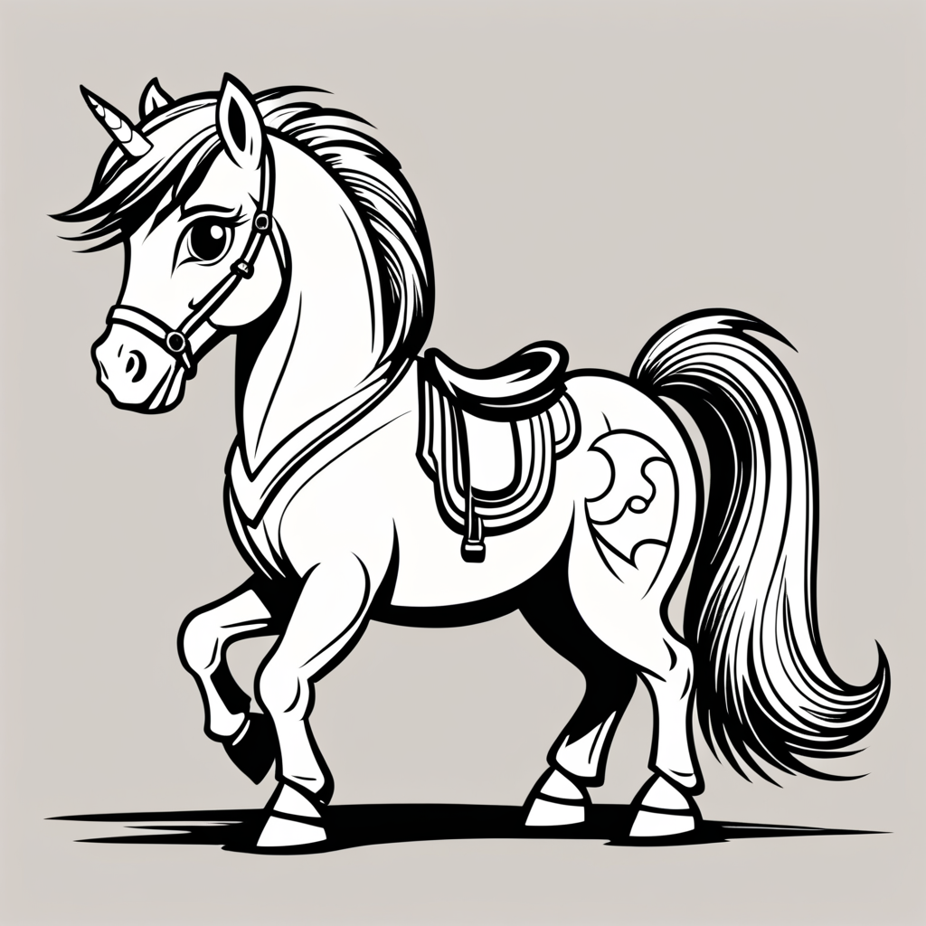 simple line drawing of cartoon pixar style pony low detail