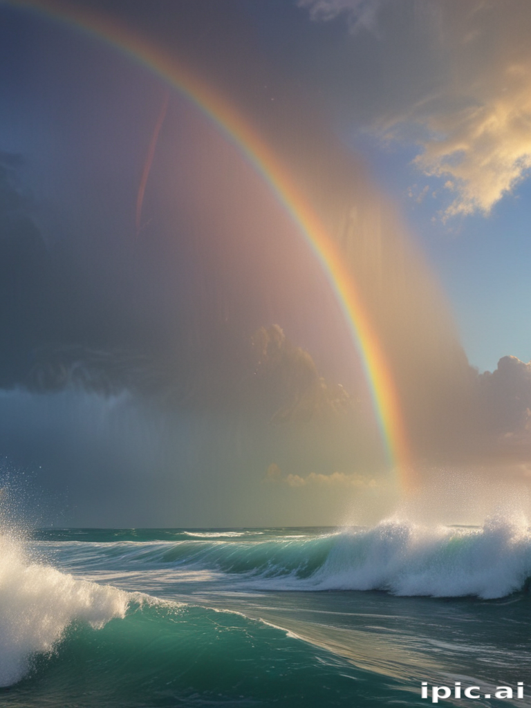 A Stunning Rainbow Arching Over Turquoise Waves Beneath Dramatic Skies.