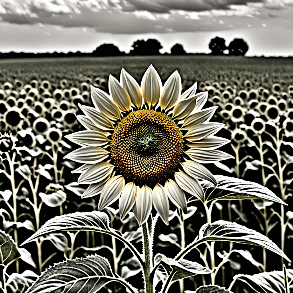 coloured sunflower in greyscale background of open field