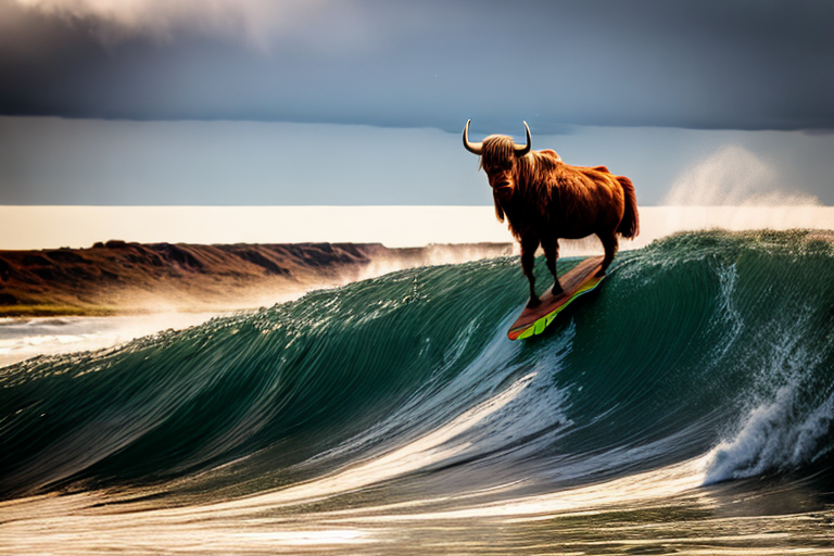 Highland cow surfing