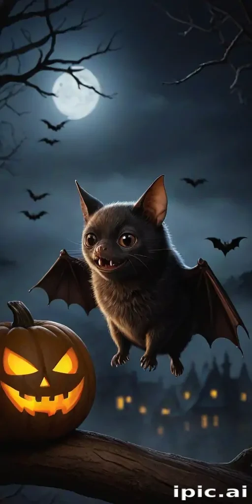 Whimsical Bat with Pumpkin in Spooky Halloween Night Atmosphere
