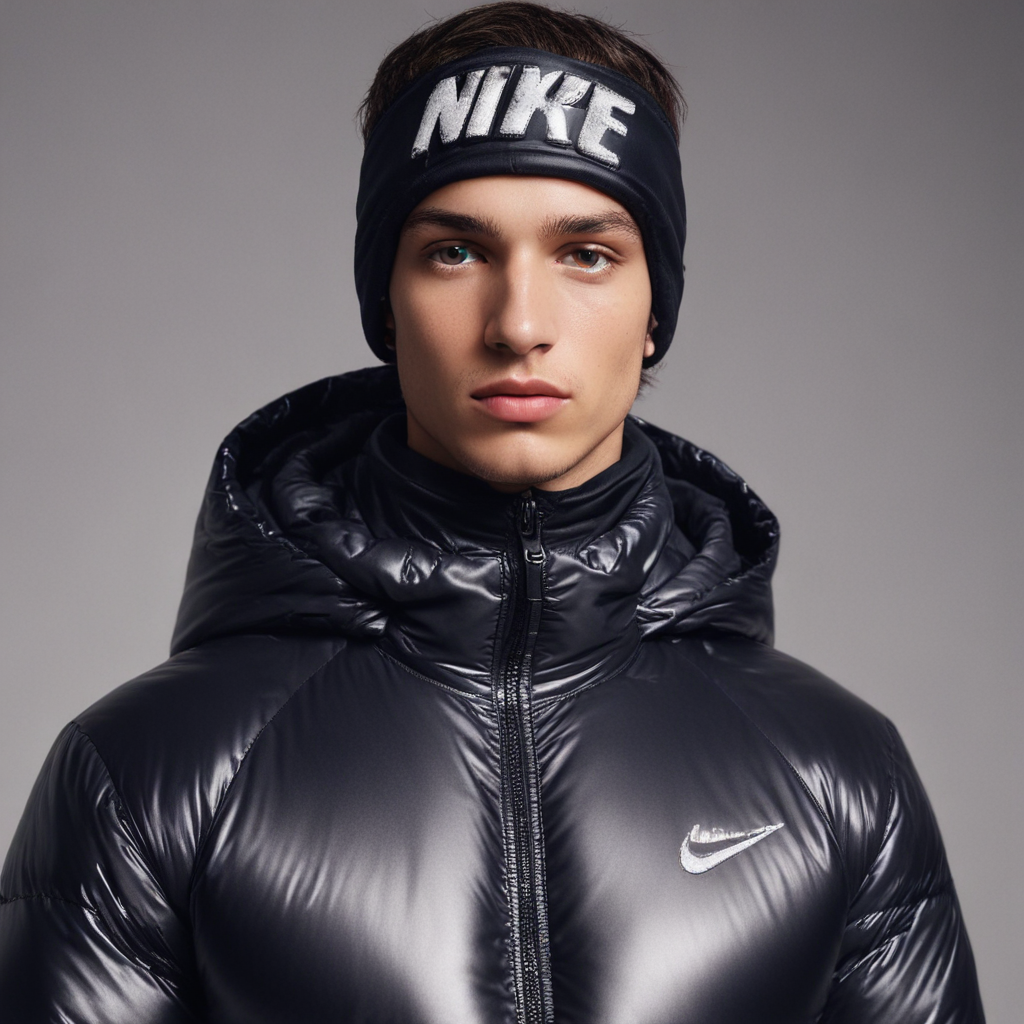 Male supermodel nike shiny puffer jacket bling jewellery hood headband