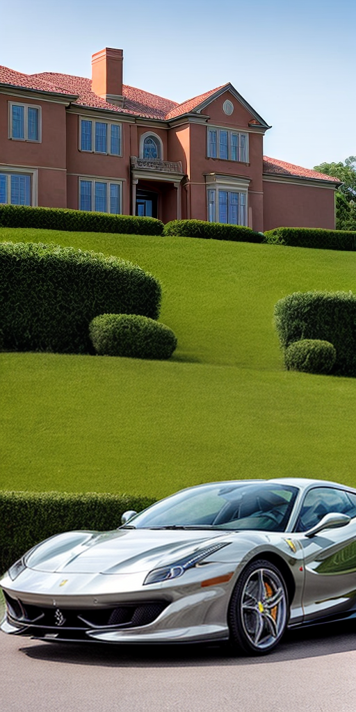 a realistic photo of a ferrari with a mansion in the background