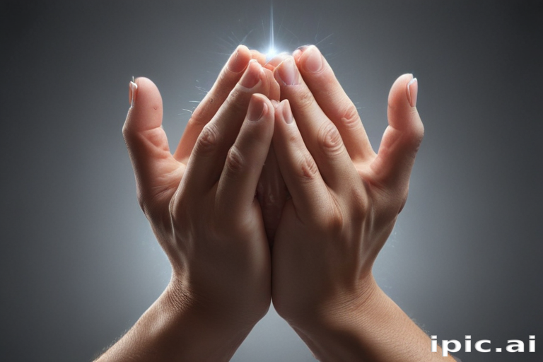 Two Hands Coming Together, Creating a Bright Light in Darkness