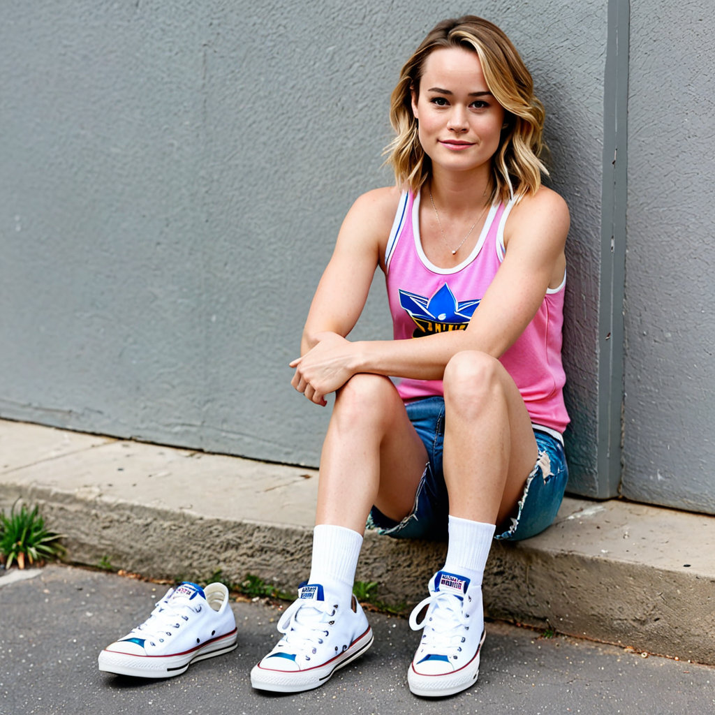 Mcu Brie Larson Carol Danvers sitting in Pink Tank Top, Blue Jean ...