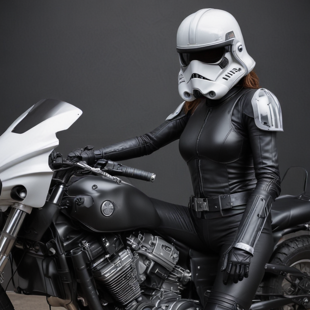 woman in black leather on a motorcycle with stormtrooper helmet