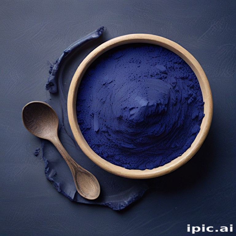 Vibrant Deep Blue Powder in Wooden Bowl with Spoon on Dark Background