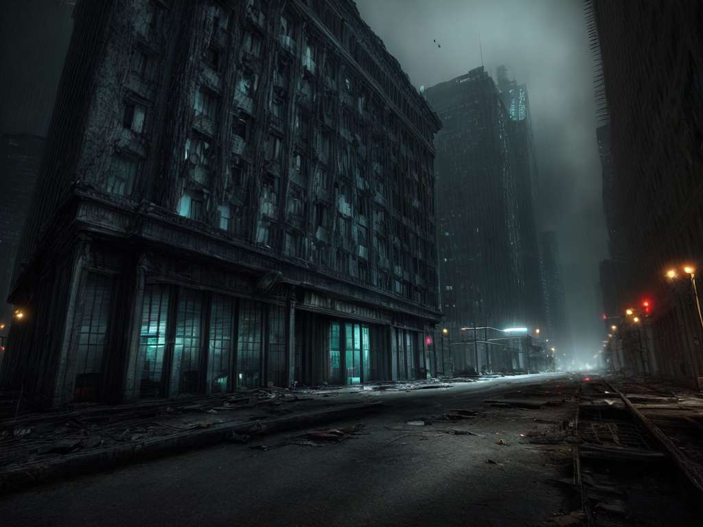 A sprawling abandoned art deco building in a dystopian city at night ...