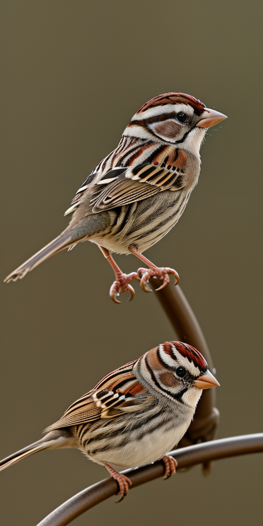 Two Beautiful Sparrows Perched Gracefully on a Curved Metal Rod.