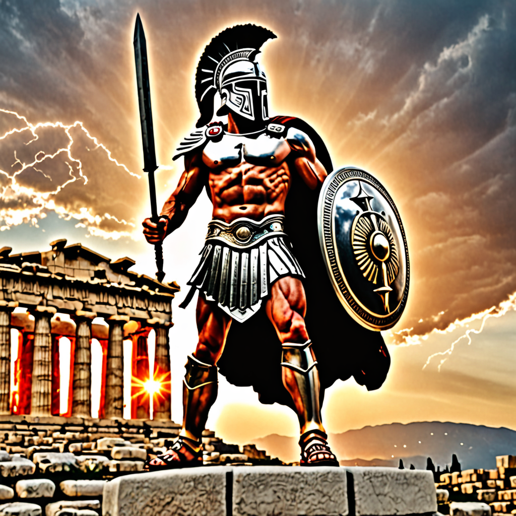 an ancient spartan warrior with a sword and a shield anf the Parthenon ...