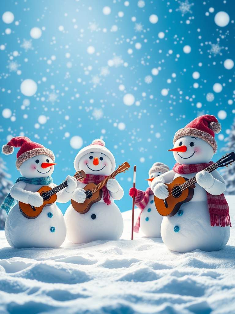 Create a vibrant winter scene featuring four cheerful snowmen playing ...