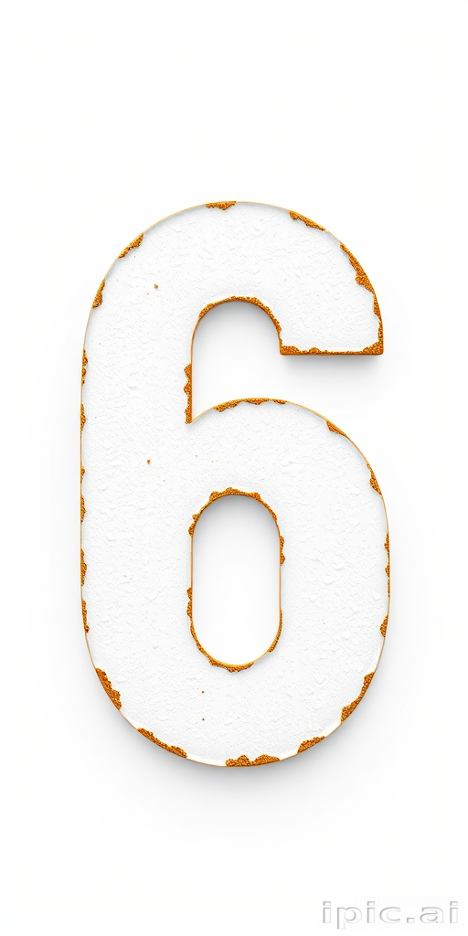 Weathered and Worn Number Six with Rustic Texture and White Background