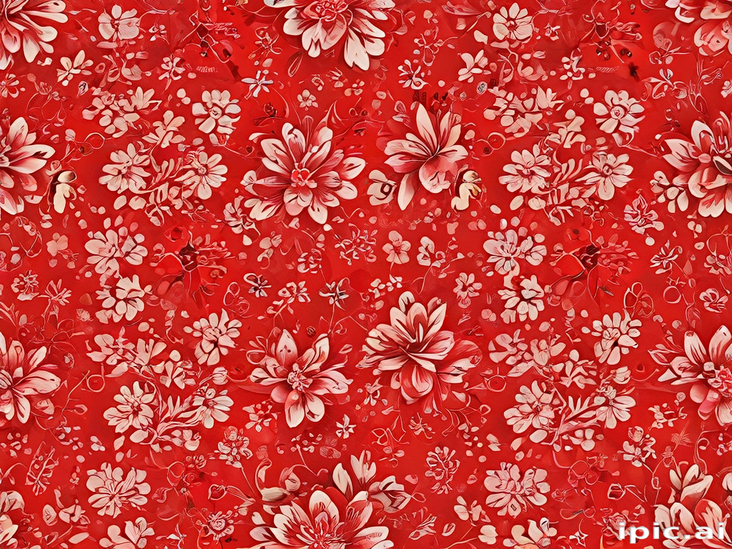 Vibrant Red Floral Pattern Featuring Various Flowers and Delicate Leaves.
