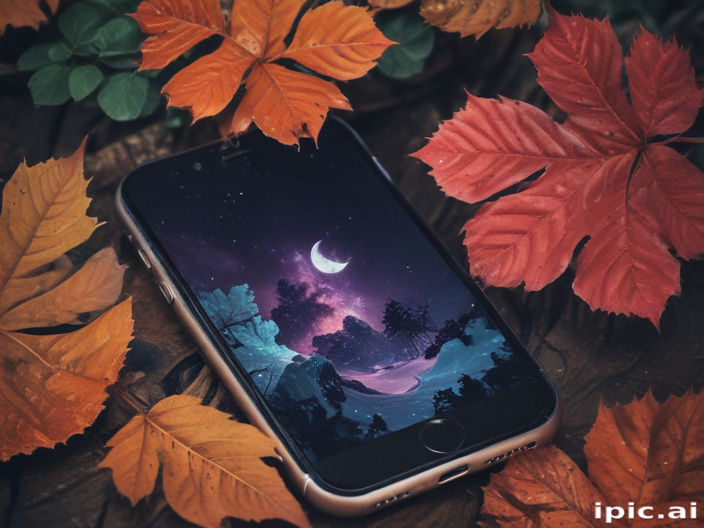 A Smartphone Surrounded by Autumn Leaves Displaying a Starry Night Scene