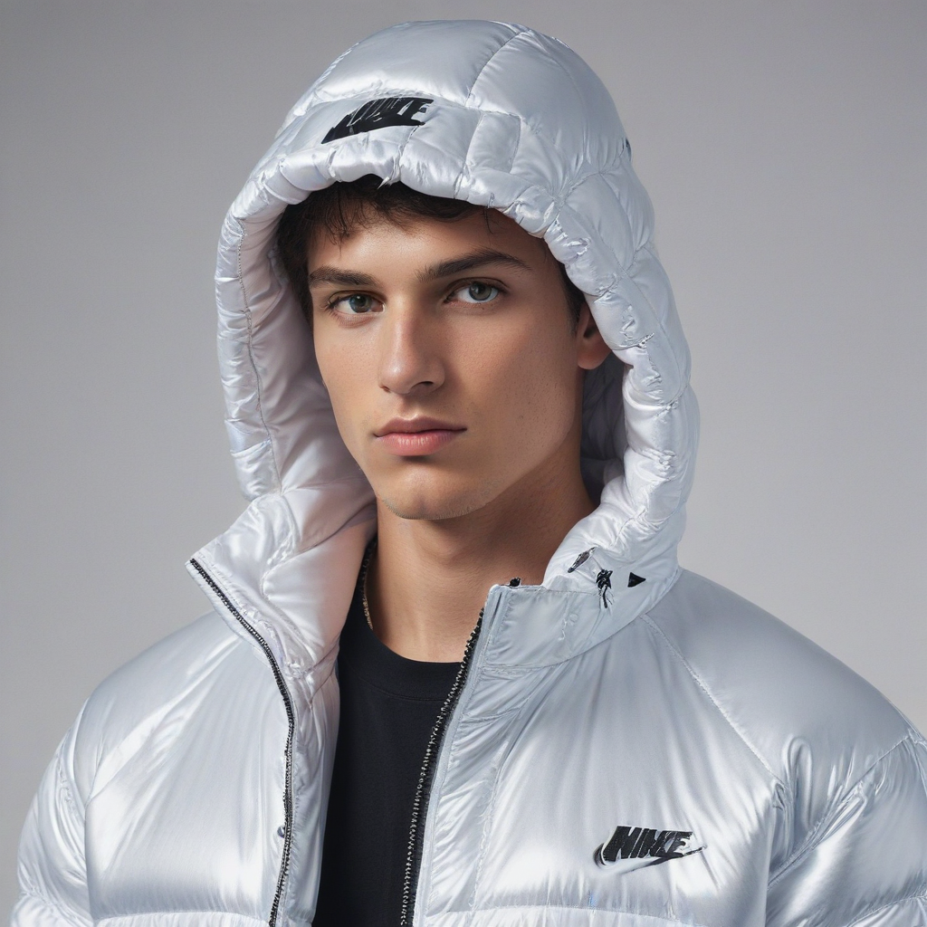 Male supermodel nike shiny puffer jacket bling jewellery hood