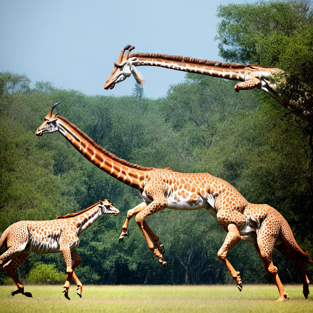 a tyrannosaurus rex fighting a giraffe