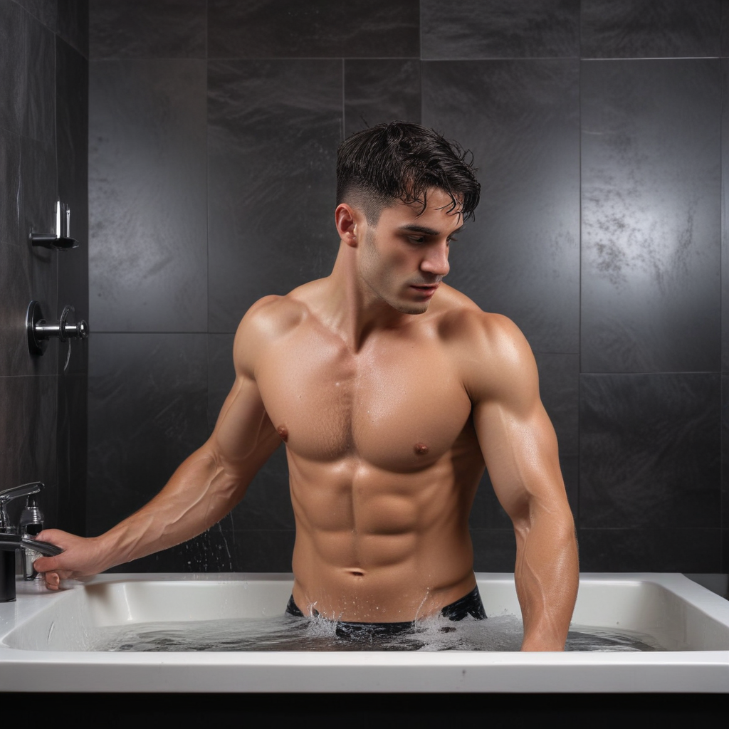 a muscular man washing himself in a black luxury bathroom, there's ...