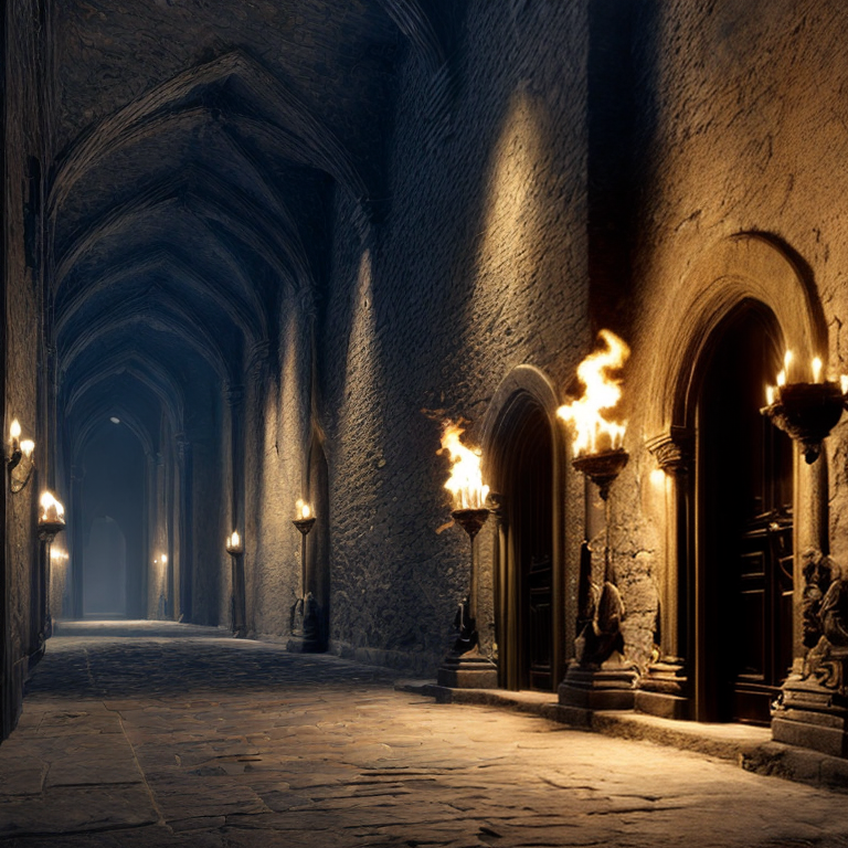 Dark dungeon, gold and red doors, engraved dragons, large door handles ...