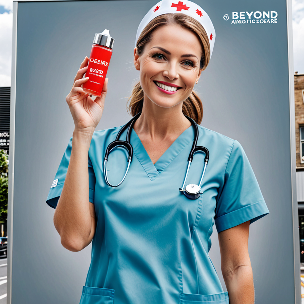 A Nurse in a Beyond Care Scrubs Ad printed on a billboard