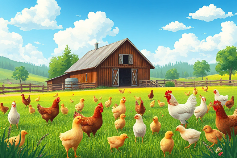 A Vibrant Farm Scene with Chickens Roaming Freely in Green Pasture.
