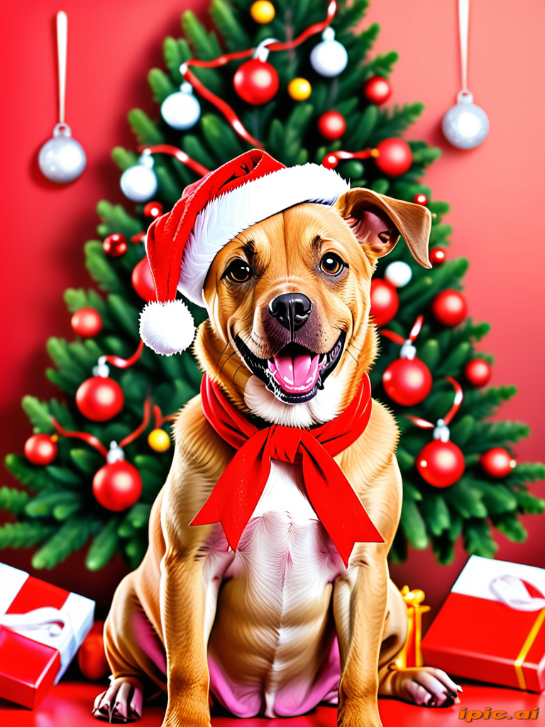 Festive Dog Wearing Santa Hat by a Colorful Christmas Tree Decorations