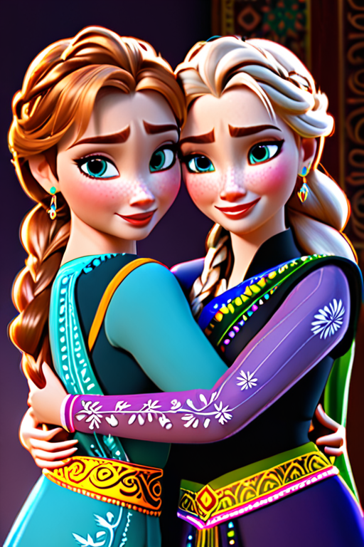 Elsa and Anna together hugs in saree indian 3D Disney