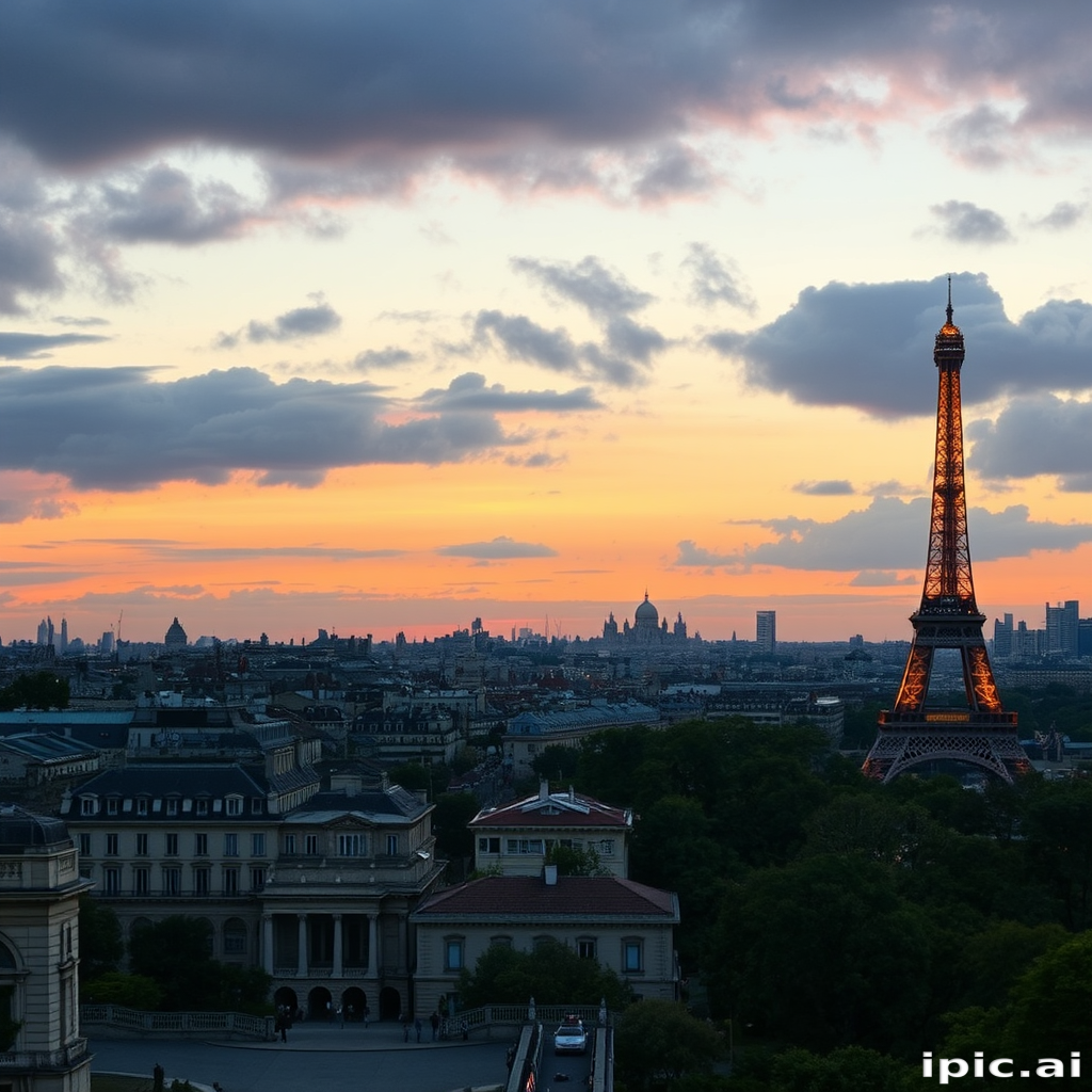 Stunning Sunset Over Paris with the Eiffel Tower Illuminated in the ...