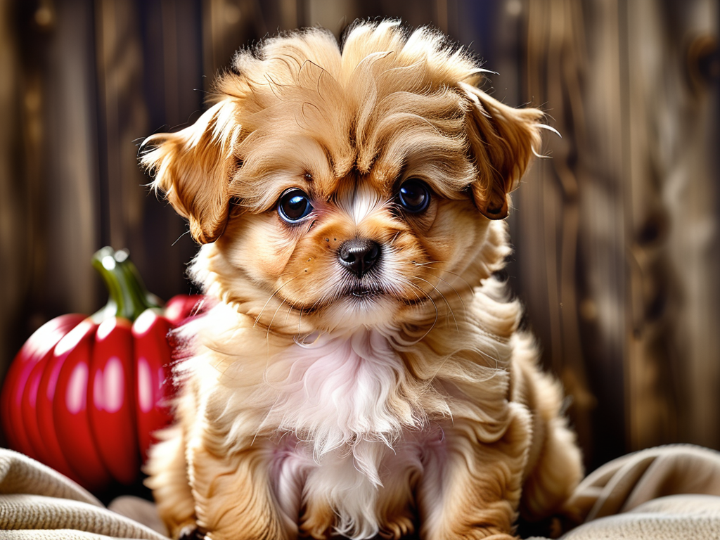 Adorable Fluffy Puppy Sitting Cozy with a Pumpkin in Background