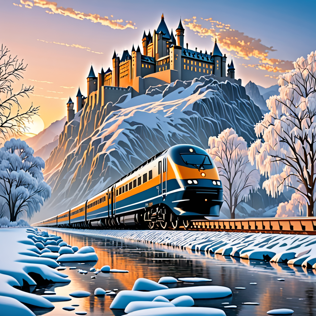 Art deco streamline modern high speed train express next to a frozen ...