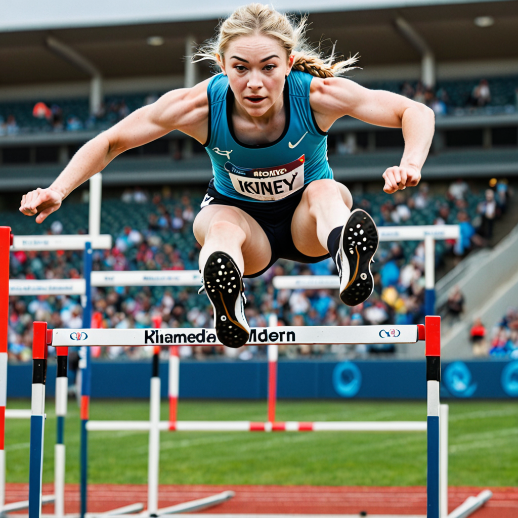 Emily Kinney jumping hurdles, view from side