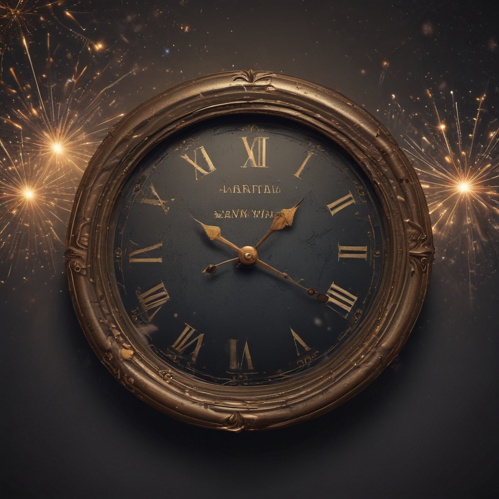 Antique Clock Surrounded by Glowing Fireworks Celebrating a New Beginning