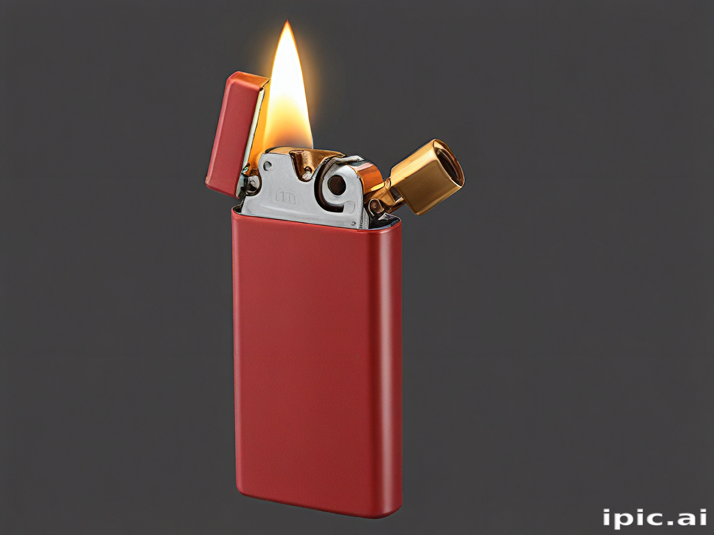 Classic Red Lighter with Bright Flame Against a Dark Background