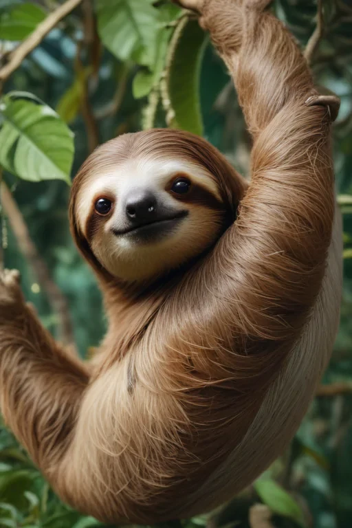 A Sloth Relaxing Comfortably While Hanging from a Tree Branch.