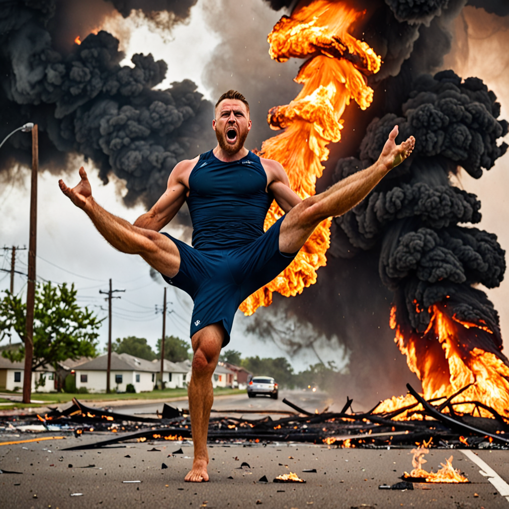 triangle with arms and legs in a burning tornado.