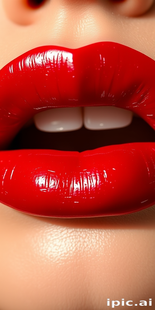 Close-Up of Glossy Red Lips Highlighting Their Shine and Texture