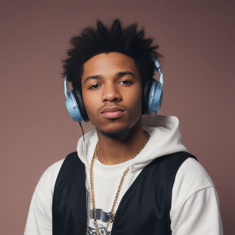 person listening to music with headphones on, behind them headshot ...