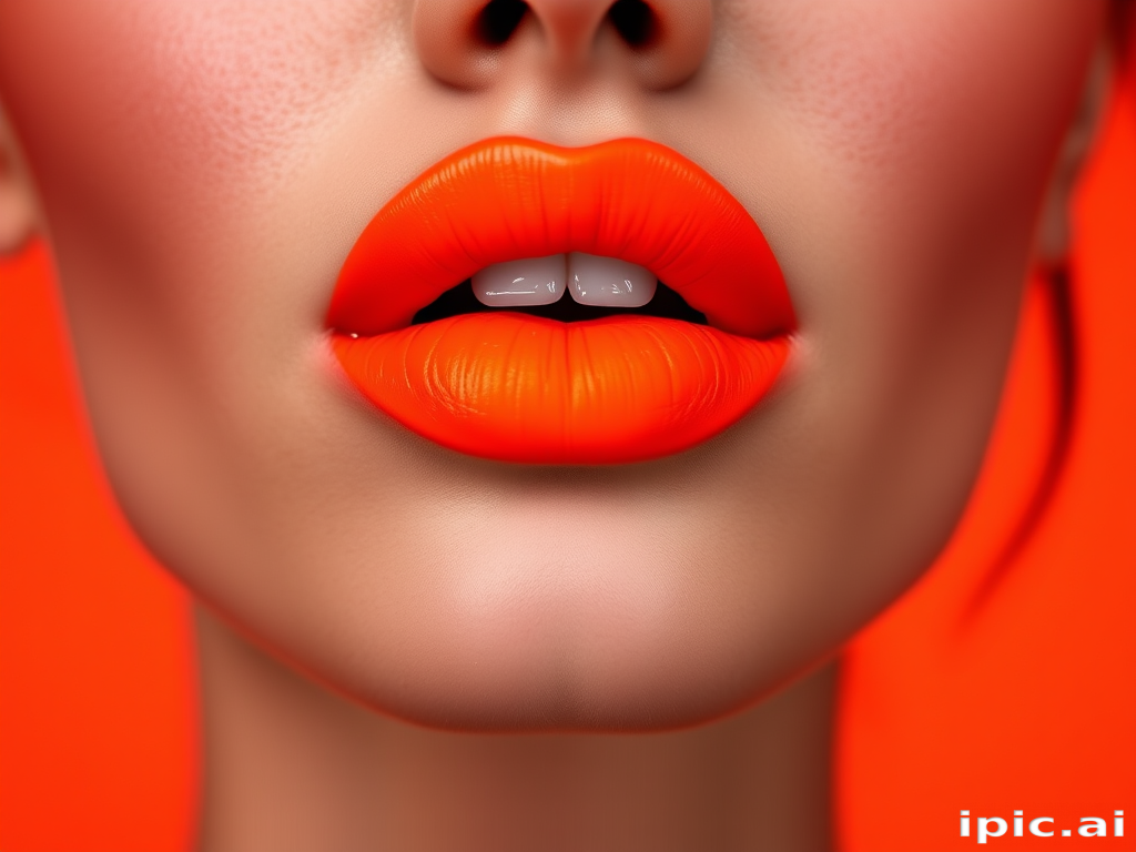 Vibrant and Bold Close-Up of Glossy Orange Lips Against a Bright Background
