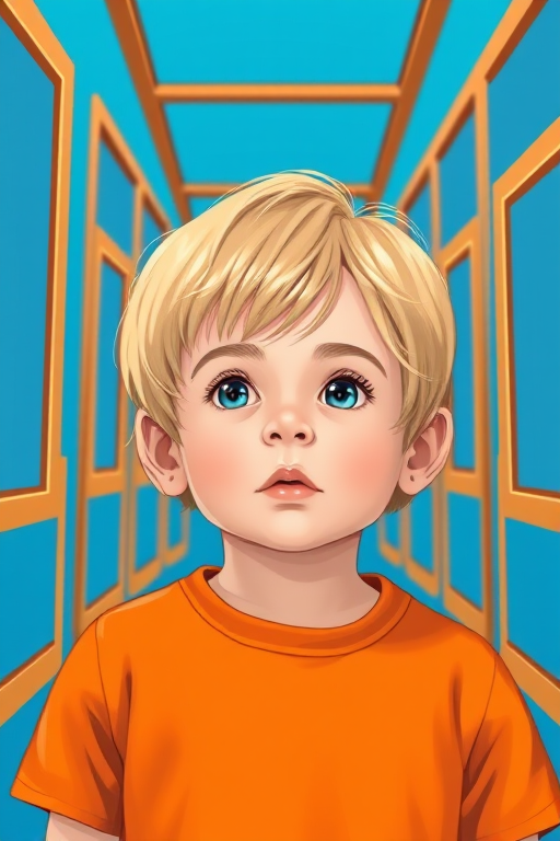 Curious Young Boy Stands in a Colorful, Abstract Hallway of Wonder