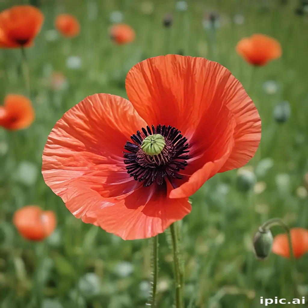 Vibrant Red Poppy Flower in a Lush Green Field of Blooms